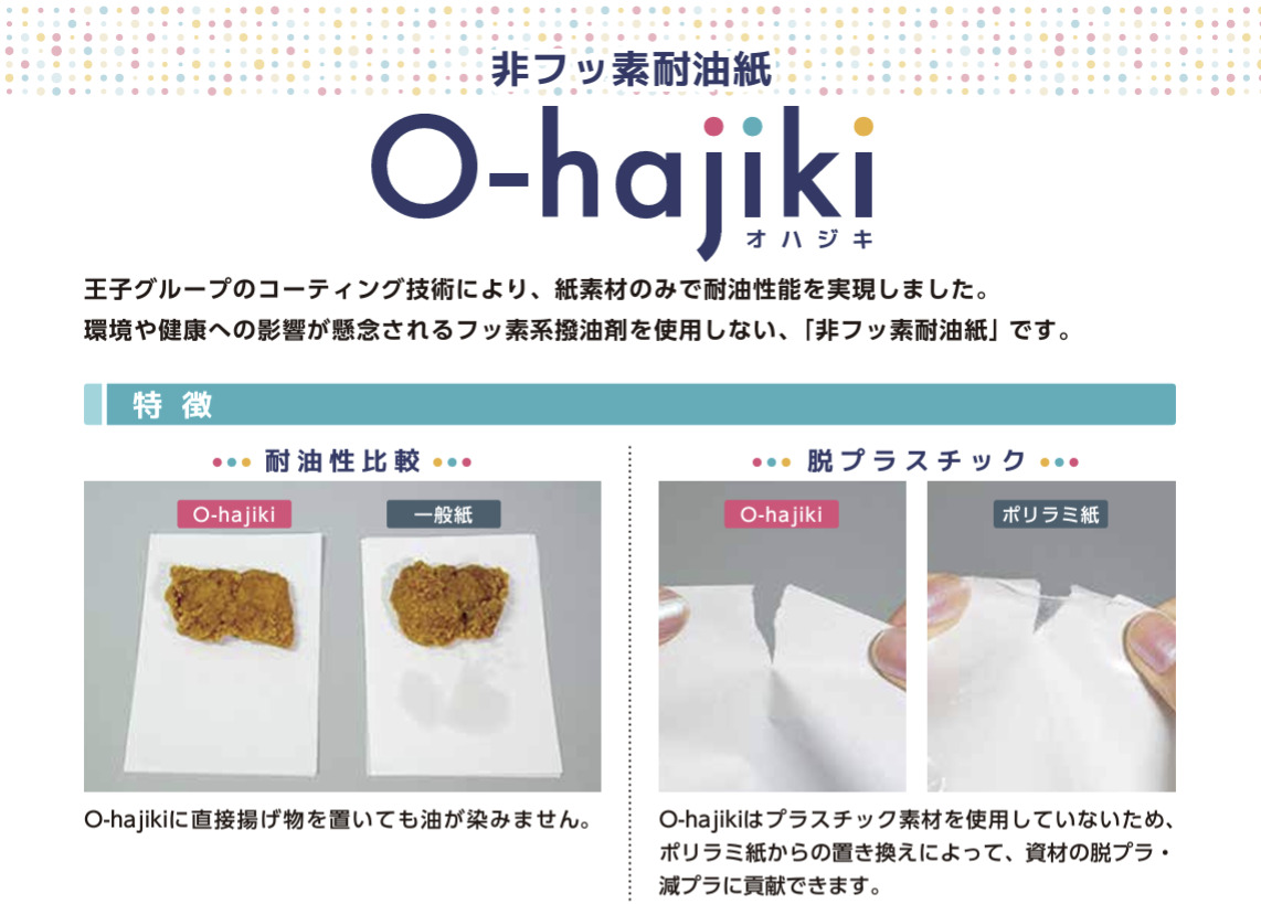 フッ素を一切使用してない非フッ素耐油紙『O-hajiki CoC(オハジキ)』（王子エフテックス）が新たに発売されました。 | 株式会社ペーパル